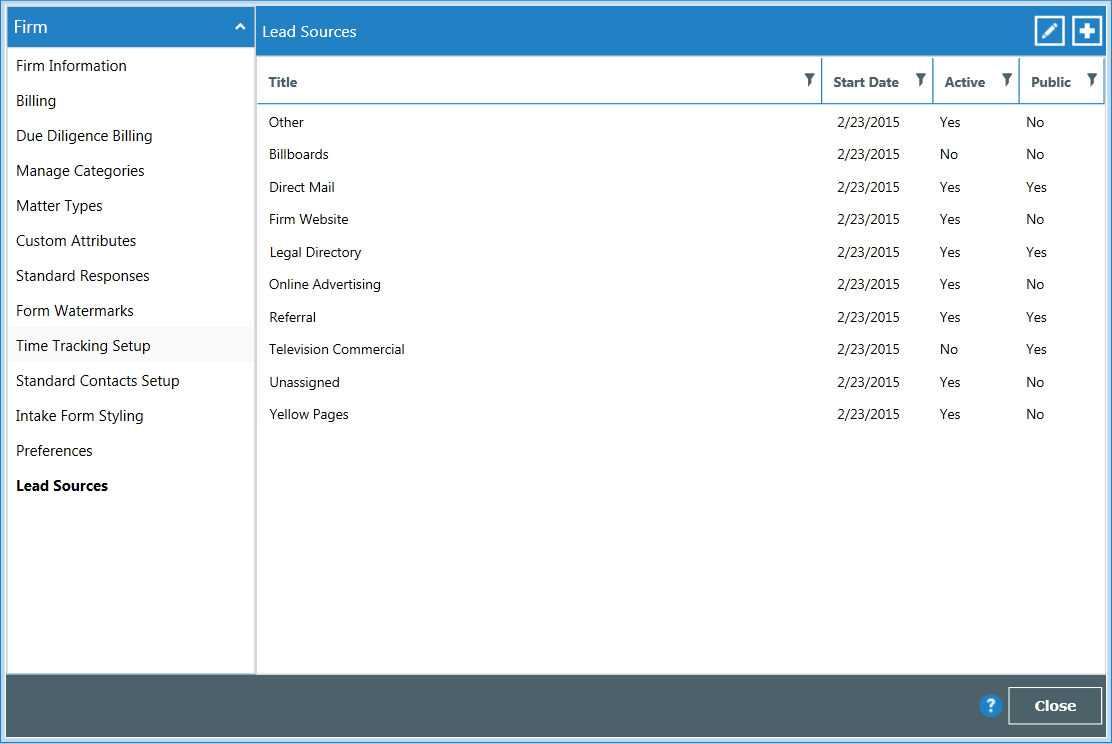 Firm Settings: Lead Sources