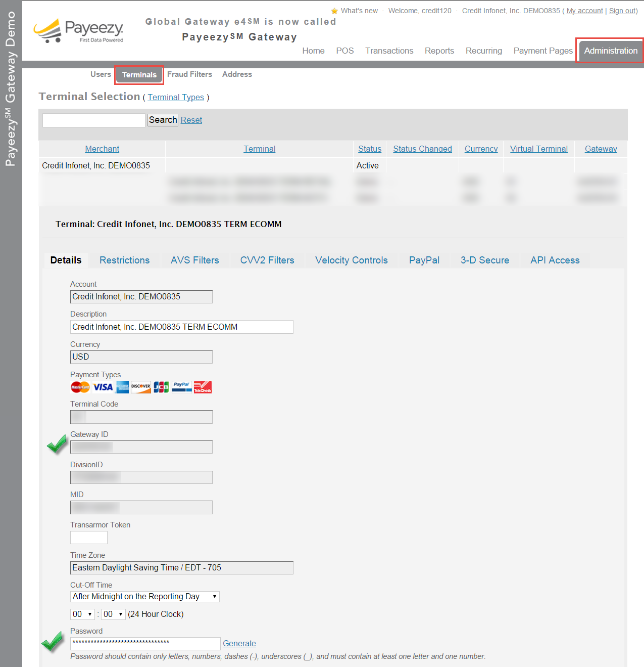How do I set up Online Payments with a First Data Payeezy Account?