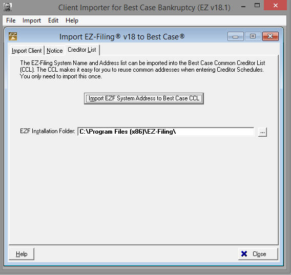 Import the Common Creditor List from EZ-Filing